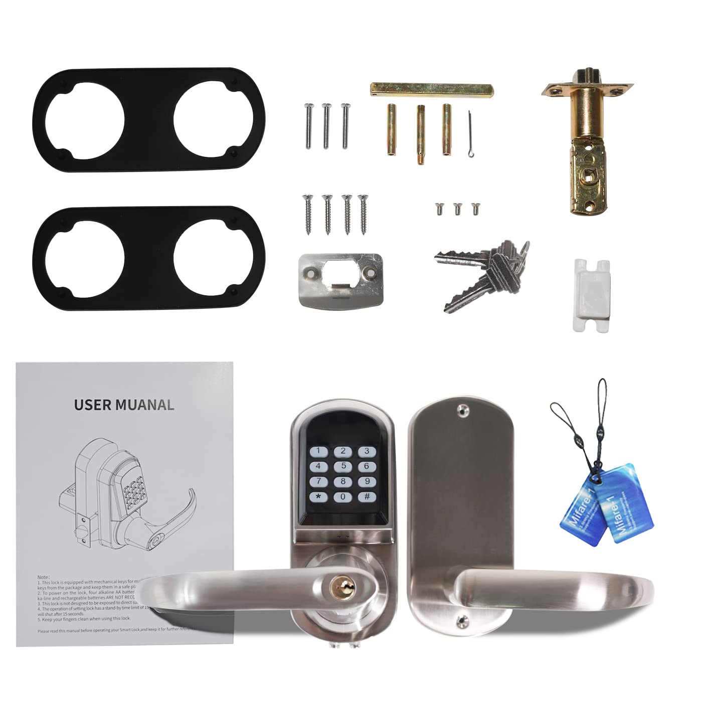 Keypad Door Lock with Left Handle, Auto-Lock Door Locks with Keypads & FOB Cards, Keyless Entry Door Lock with Handle,Electronic Door Lock, Digital Door Lock for Front Door