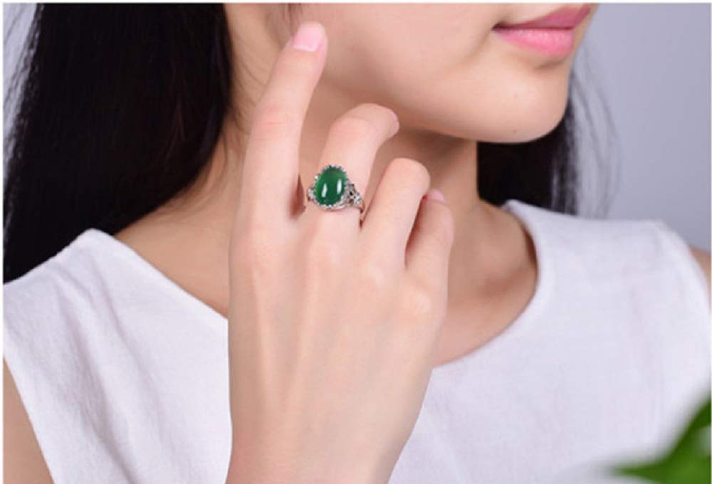 Duan 925 Sterling Silver Green Agate Crystal Ring Emerald Vintage Inlaid Chalcedony Index Finger Opening Adjustable Female Ring