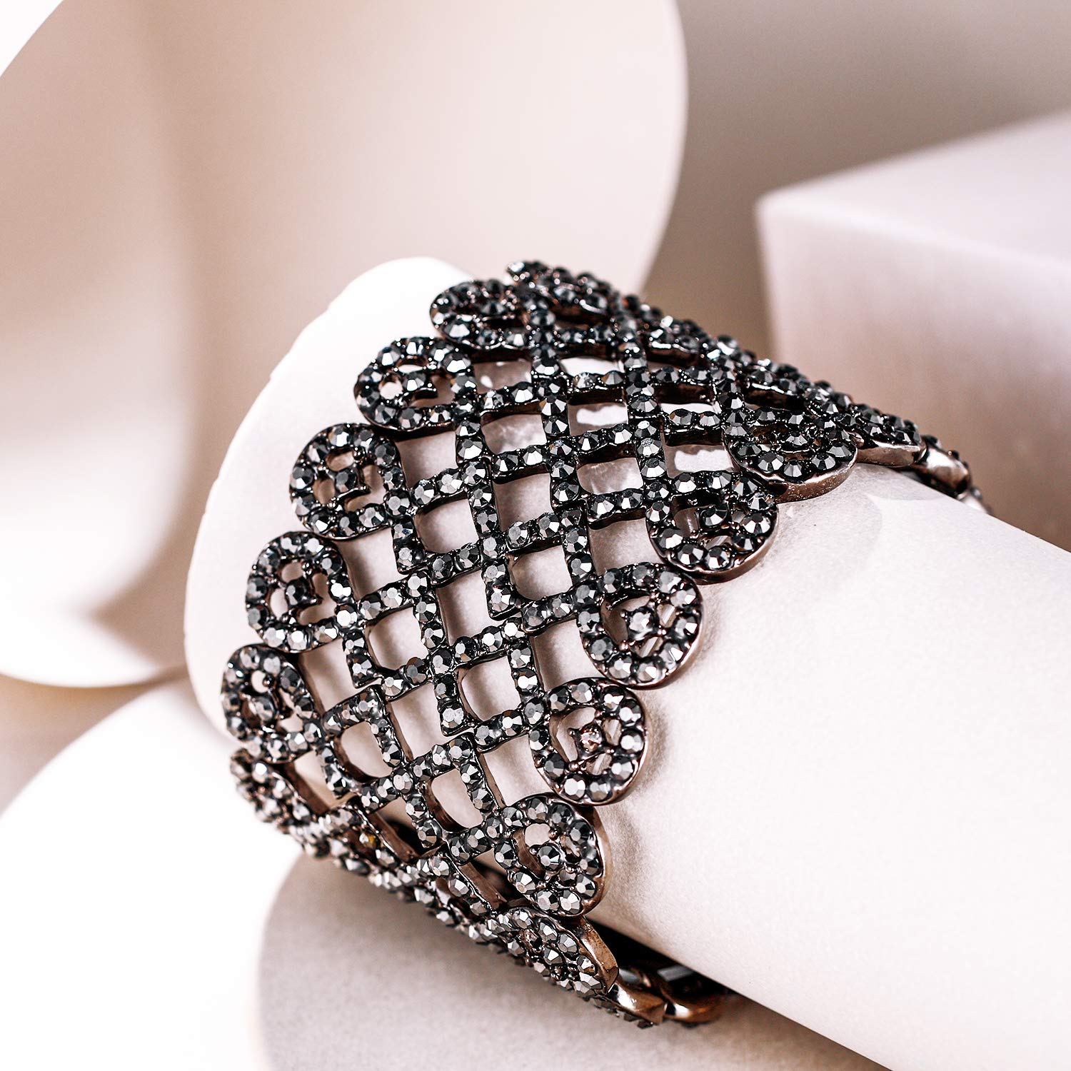 EVER FAITH Women's Rhinestone Crystal Art Deco Love Knot Wide Stretch Bridal Bracelet Black Black-Tone