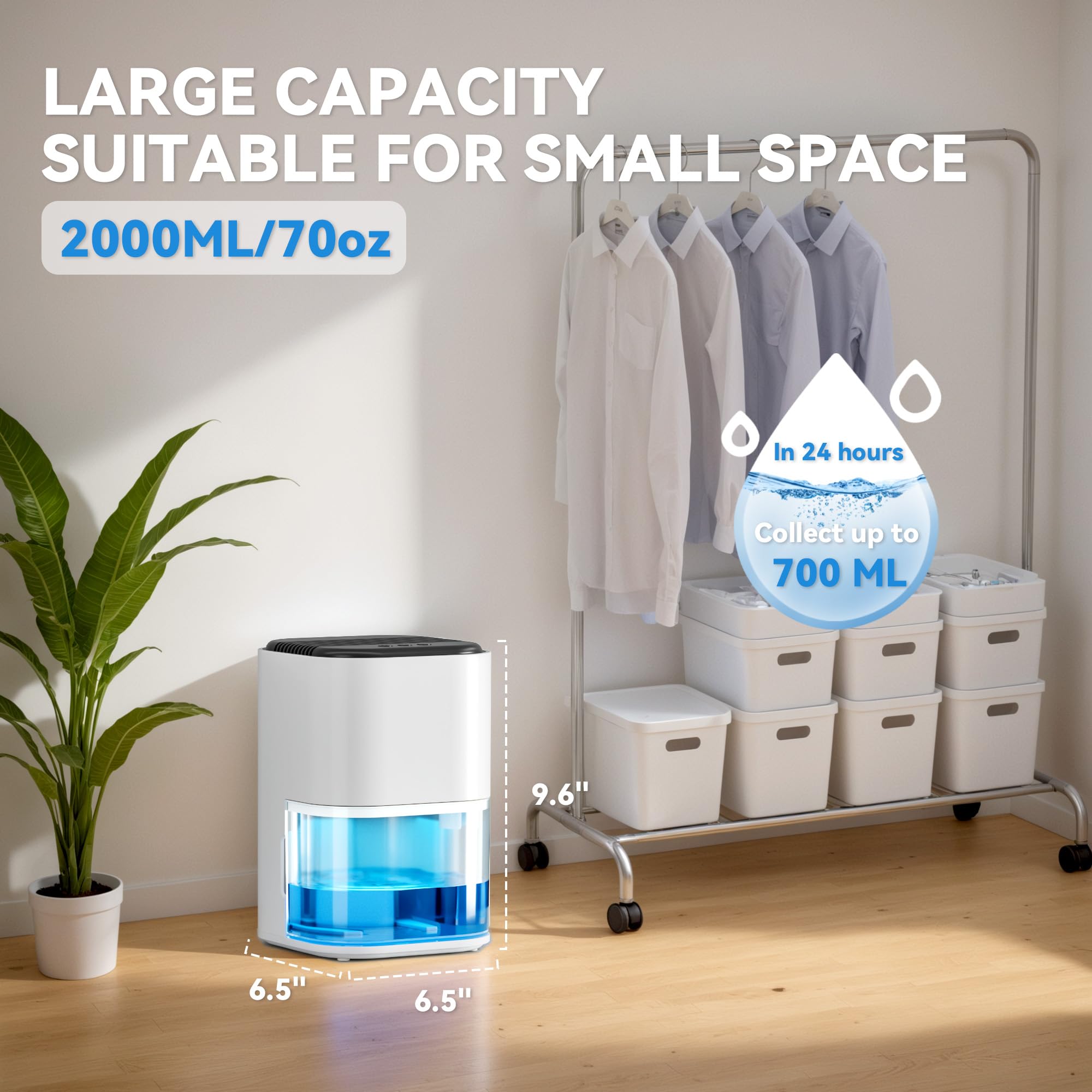 Urbansync Dehumidifier, 70 OZ Dehumidifiers 800 sq. ft coverage with Auto Turn Off at Full Tank, Energy Efficient Small Moisture Absorber, 7 Color LED Light, Quiet for use in Home, Bedroom, Bathroom.