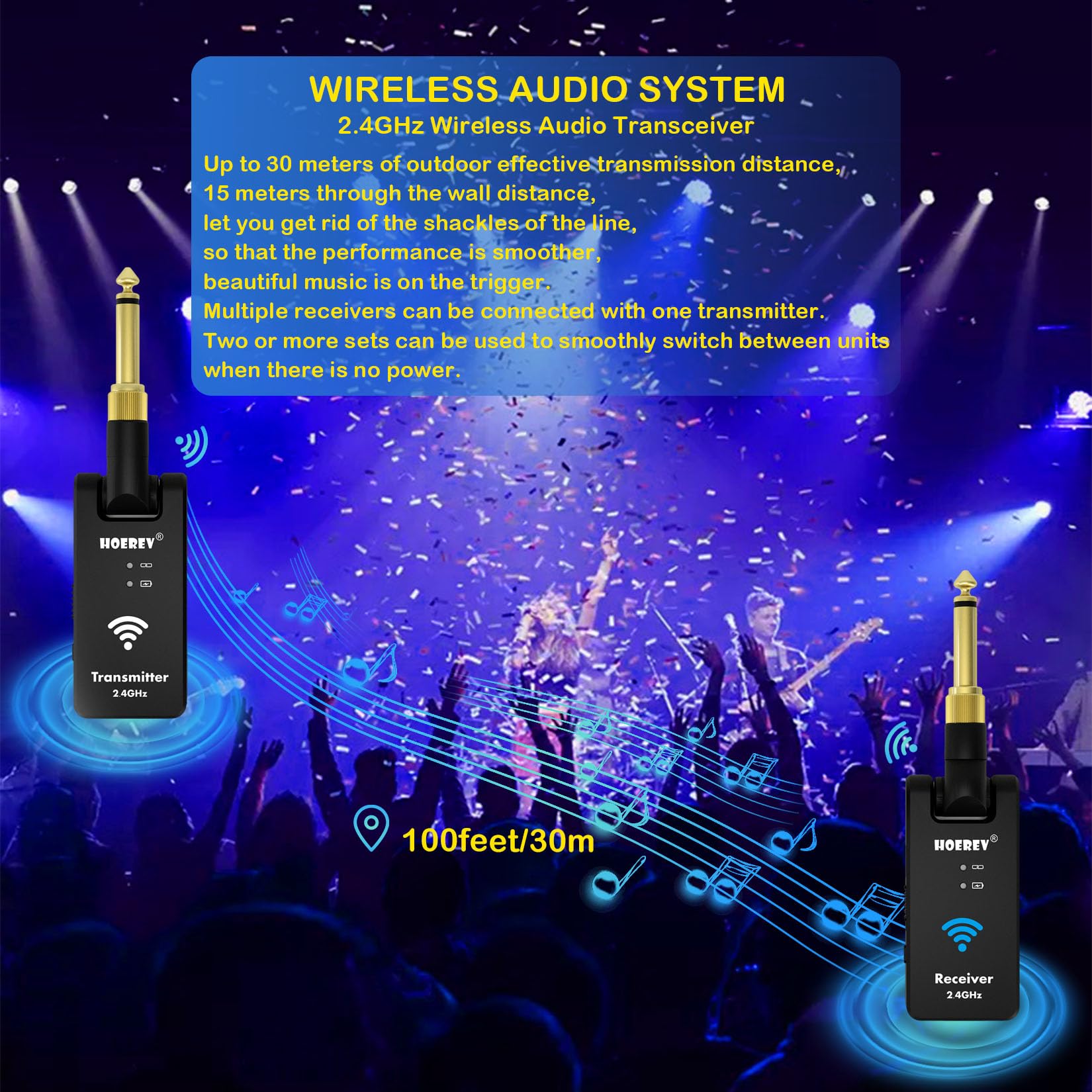HOEREV 2.4GHz Wireless Transmitter Receiver for Electric Guitar with Rechargeable Lithium Battery