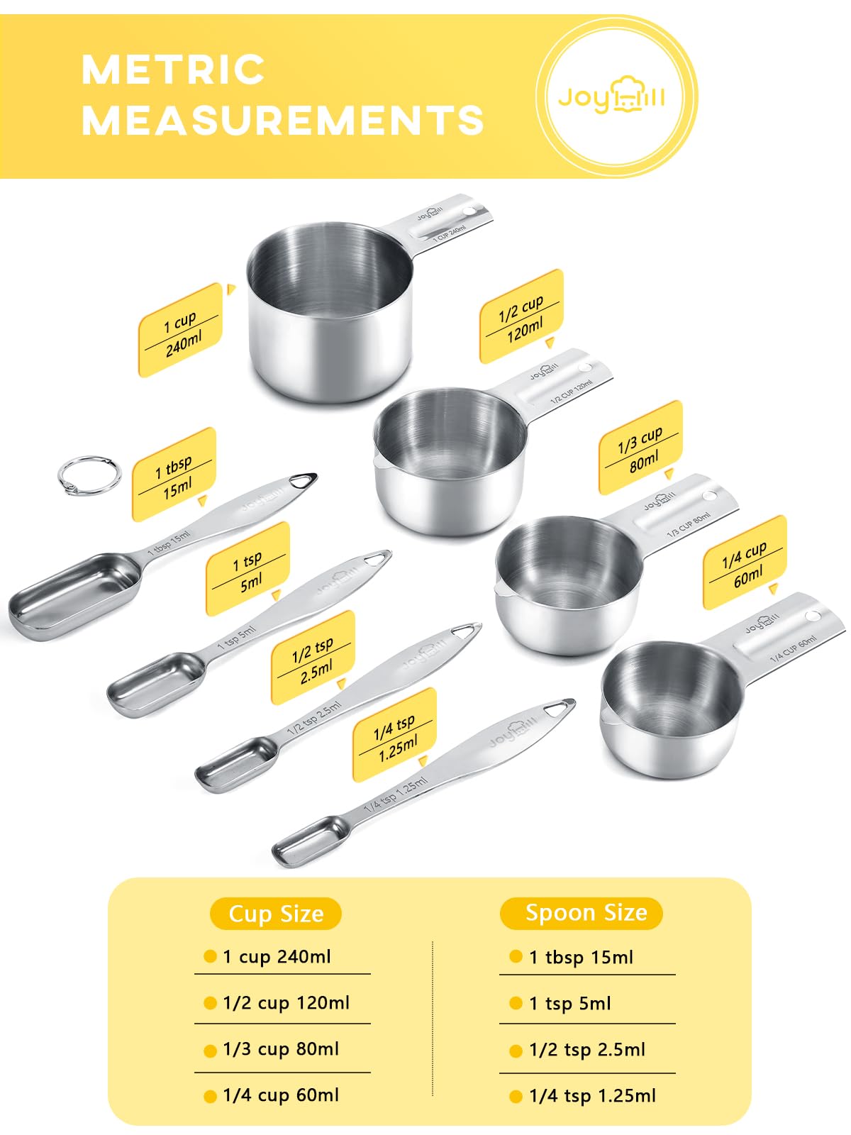 Joyhill Measuring Cups and Spoons Set of 8 Piece, Metal Stainless Steel Measuring Cups and Spoons Set for Baking Cooking, Dry and Liquid Ingredients