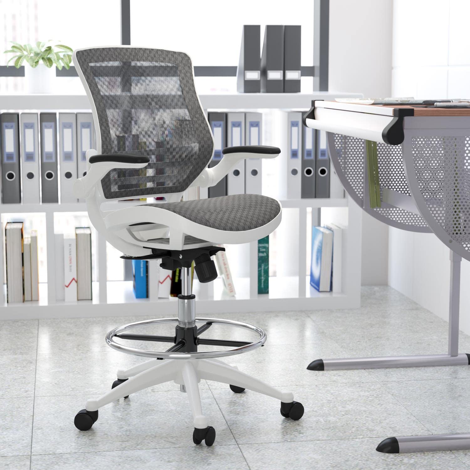 Flash Furniture Waylon Mid-Back Swivel Office Chair with Adjustable Foot Ring and Seat Height, Ergonomic Mesh Chair with Armrests, Gray/White