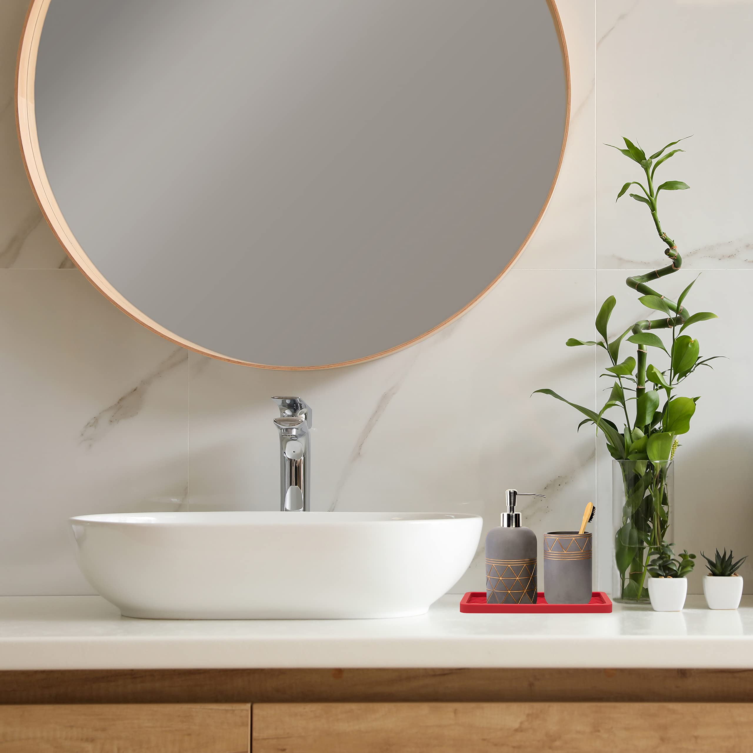 HomeBee Silicone Kitchen Bath Vanity Organizer Tray, Non-Slip Multipurpose Sink Caddy | Dish Sponge, Brush, Soap Dispenser Bottle Holder | Dishwasher Safe Rubber Counter Mat (10 x 5.25 Inch β Red)