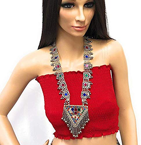 Duel On Jewel Afghan Tribal Womens Statement Kuchi Oxidized Metal Handmade Triangle Pendant Necklace in Multicolor - Bohemian Belly Dancing Dandiya Jewelry