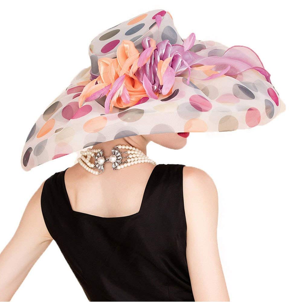 F FADVES 100% Organza Sun Tea Party Hats Large Wide Brim Flower Fedoras Polka Dot Wedding Hat Solid Black