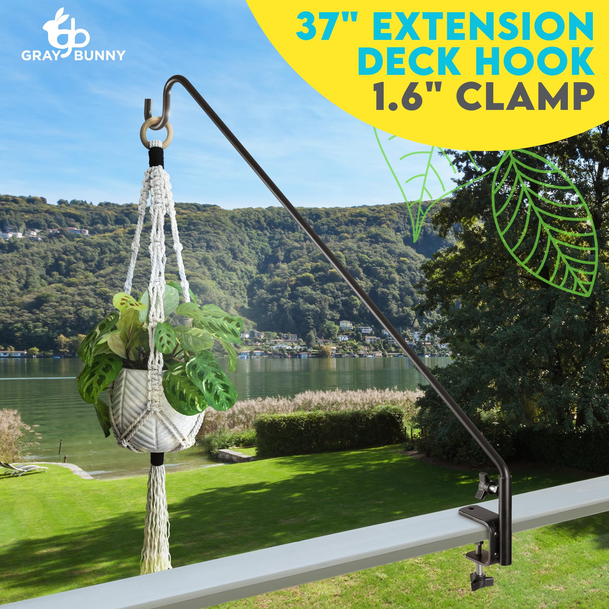 Gray Bunny Deck Hook, 37 Inch Bird Feeder Pole, Non-Slip Clamp Deck Bird Feeder Hanger for railing for Bird Feeders, Planters, Suet Baskets, Lanterns, Wind Chimes and More