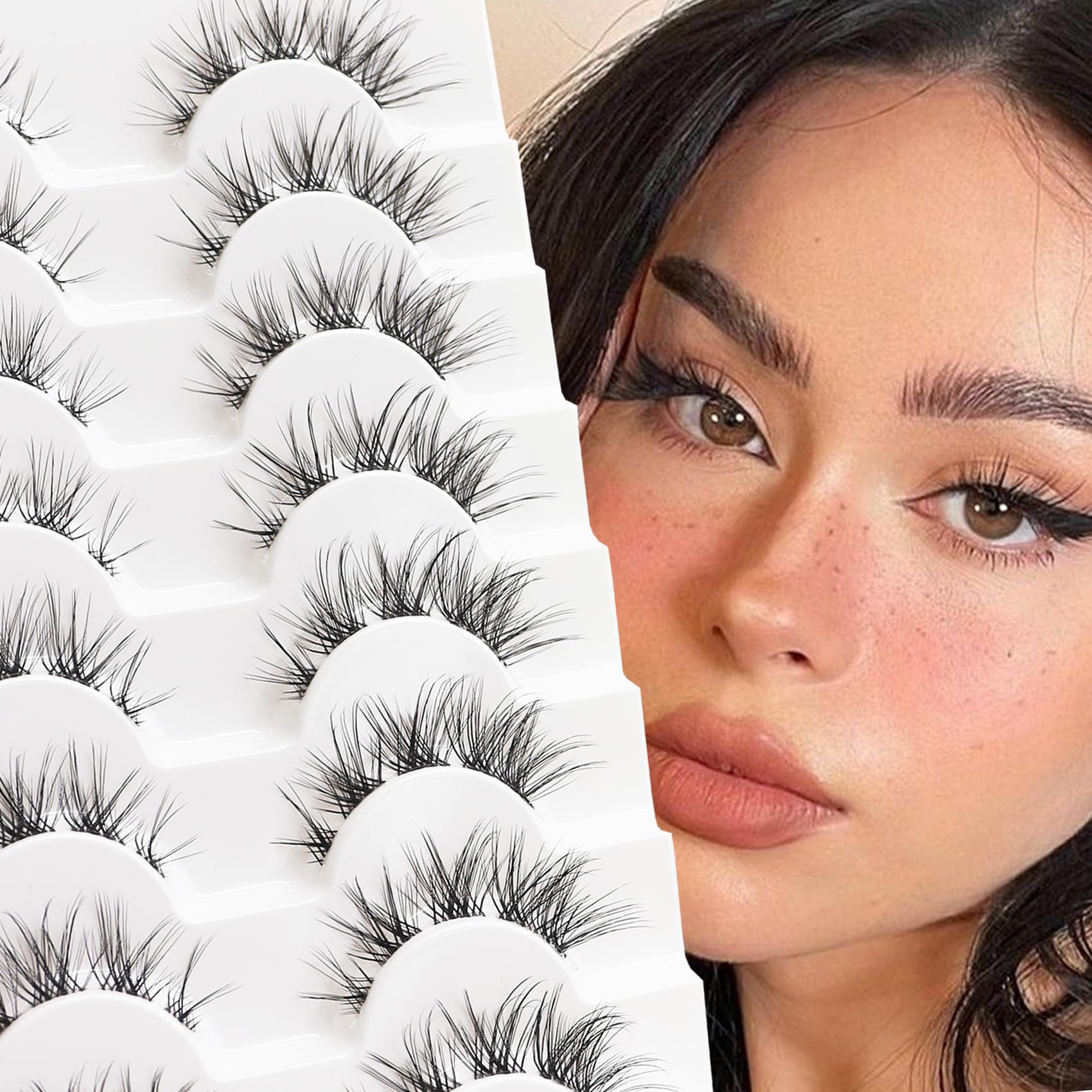 Losha Eyelashes Wispy Lashes Natural Look 8 Pairs Clear Band False Eyelashes Handmade Reusable Fake Eye Lashes Pack (F16)