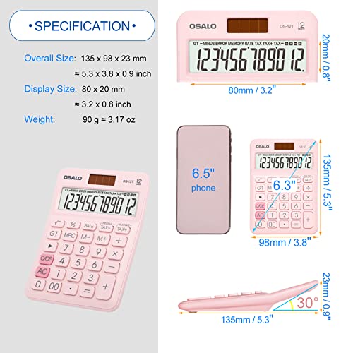 Pocket Small Size Desk Calculator, 12 Digit Large LCD Display, Basic Tax Function Handheld Desktop Calculator with Solar Battery Dual Power, Perfect for Office, School, Business OS-12T (Pink)