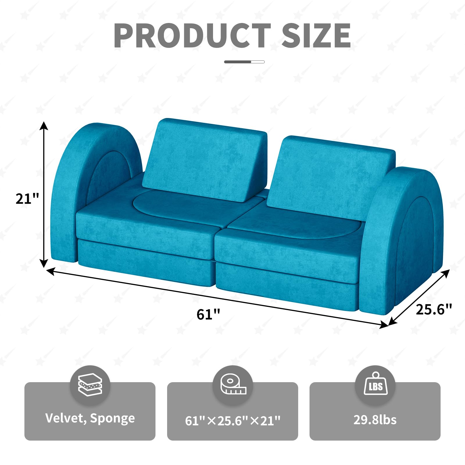 Kids Couch, 12PCS Modular Toddler Couch with 4 Arches and 2 Triangular Cushions, Fold Out Kids Couch for Playroom, Bedroom, Modular Kids Couch for Boys and Girls, Kids Play Couch for Kids (Blue)