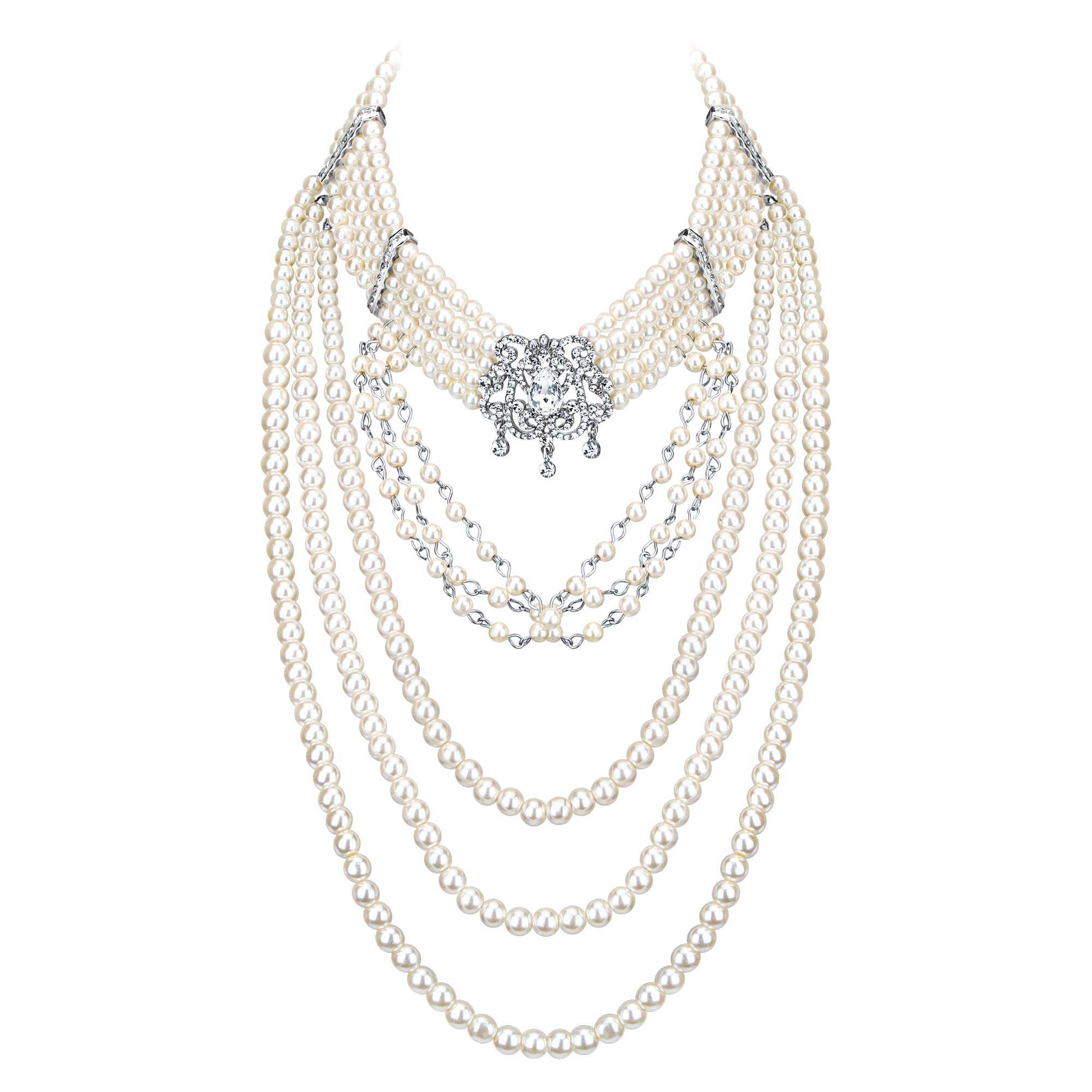 EVER FAITH Crystal Multi-Strand Layered Ivory Color Simulated Pearl Vintage Style Bib Collar Statement Necklace