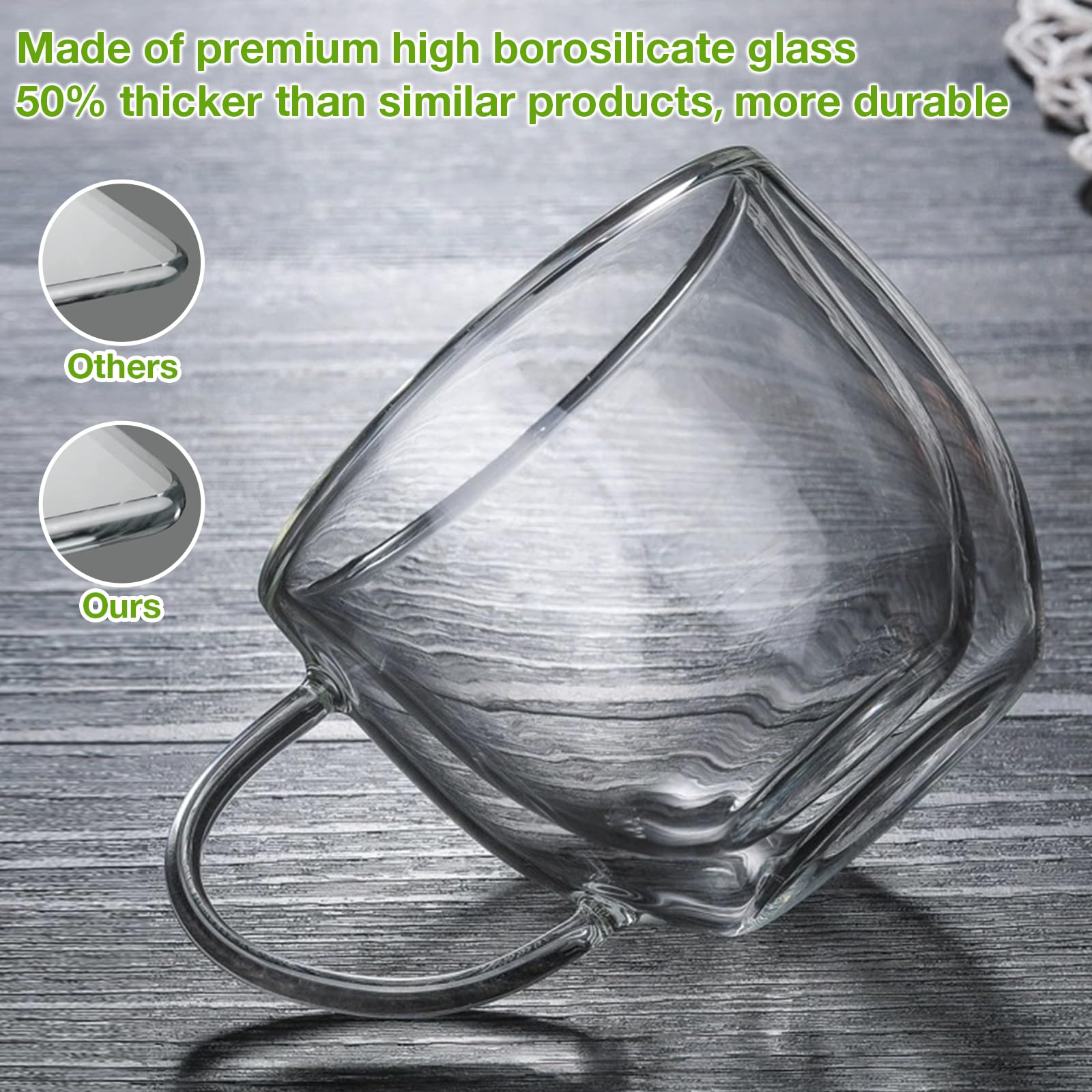 Double Walled Glass Coffee Mugs Set of 2, 8 oz Hand Blown Insulated Coffee Mugs with Handle, Clear Coffee Mugs for Cappuccino, Latte, Americano, Tea Bag, Beverage Glasses Heat Resistant Coffee Cups
