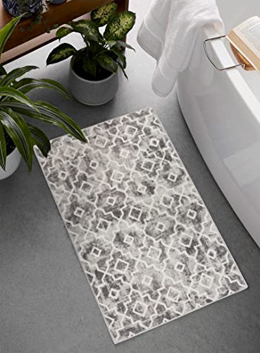 Wonnitar Moroccan Washable Area Rug - 2x3 and 2x4.3 Grey Distressed Entryway Kitchen Rug Non-Slip Modern Geometric Trellis Throw Rug Faux Wool Indoor Floor Carpet for Bedroom Bathroom Laundry