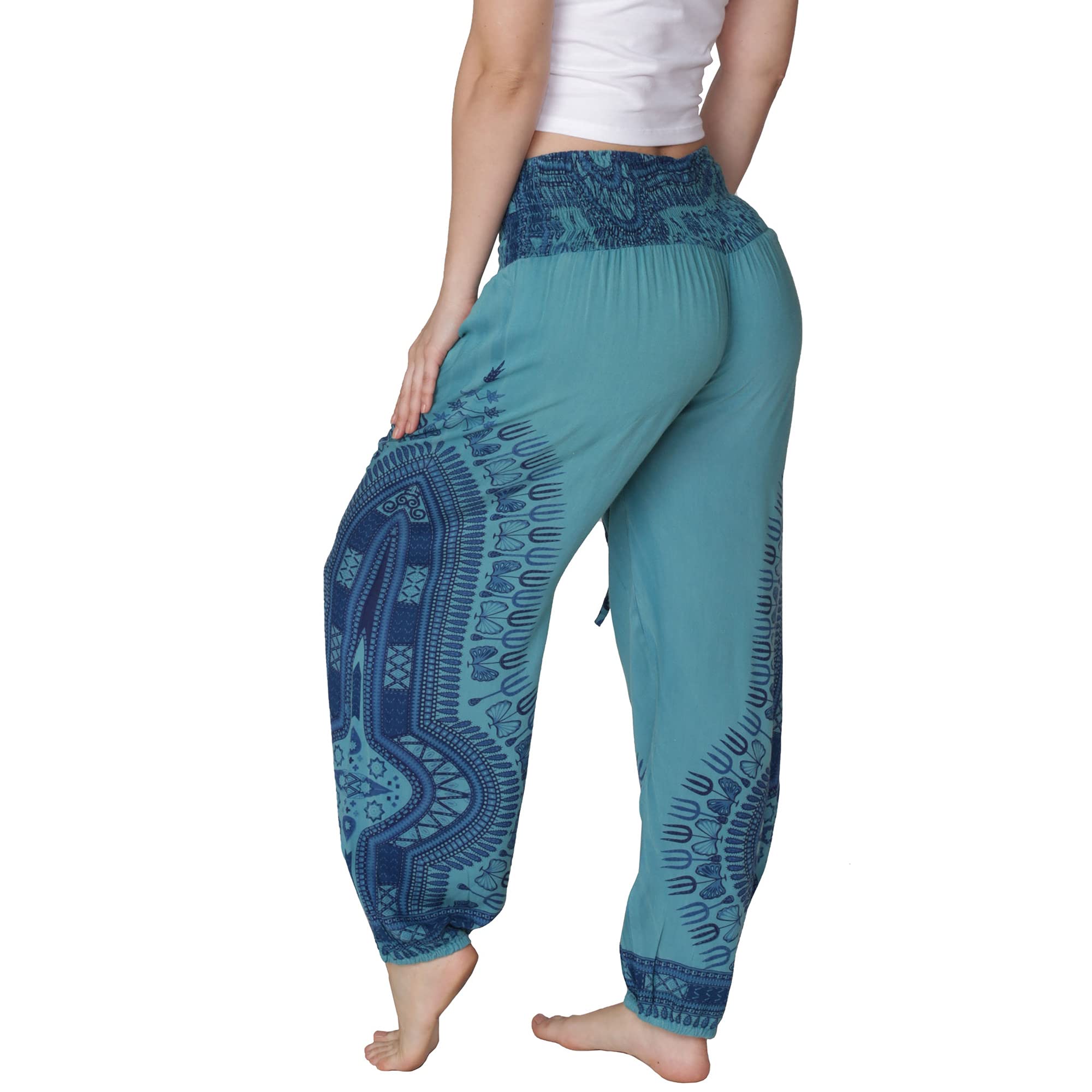 INGEAR Smocked Boho Harem Pants for Women - Hippie Bohemian Casual Gypsy Print, Ideal Yoga Pant - Baggy Harem Pants (X-Large, Solid Black)