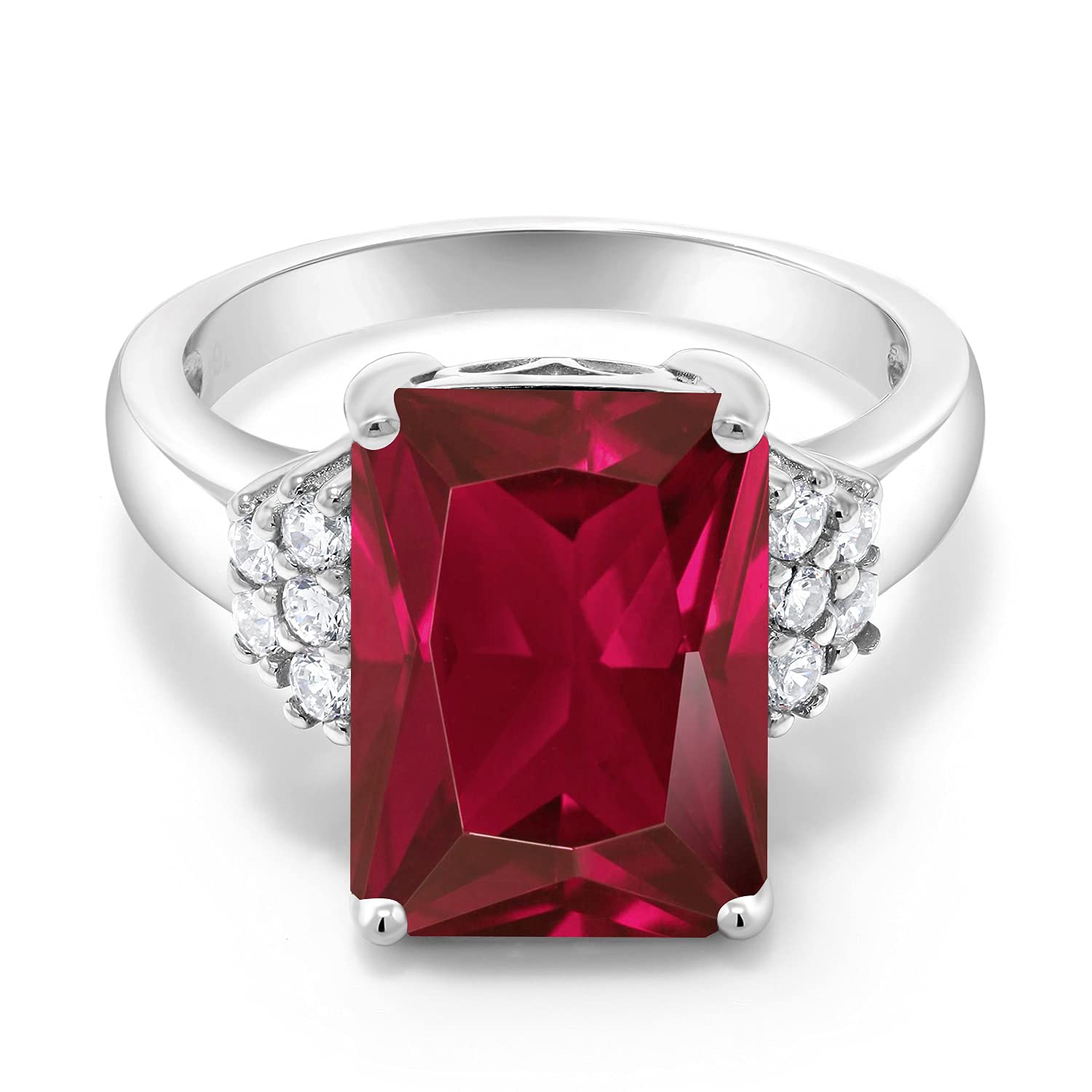 Gem Stone King 925 Sterling Silver Emerald Cut Gemstone Birthstone Engagement Ring | Emerald Cut 14X10MM | Wedding Anniversary Promise Ring For Women | Available In Size 5, 6, 7, 8, 9
