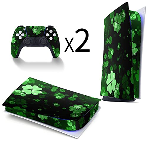 Green Colored Lucky Shamrocks Full Protective Skin Cover Design Wrap Decal Sticker Compatible with PS5 Digital Edition Console and Controller