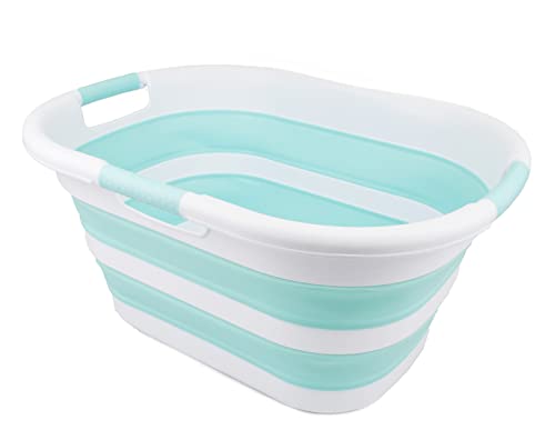 SAMMART 40L (10.5 gallon) Collapsible Plastic Laundry Basket - Foldable Pop Up Storage Container/Organizer - Portable Washing Tub - Space Saving Hamper/Basket (White/Lake Green)