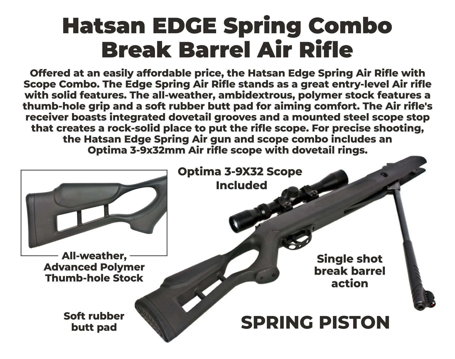 Hatsan Edge .22 Cal 1000 FPS / 21 FPE - Brake Barrel Air Rifle .22 Caliber w/ 3-9X32 Scope, QuietEnergy (QE) & Spring Piston | Small & Medium Game air Gun + Wearable4U 250x Pellets Bundle