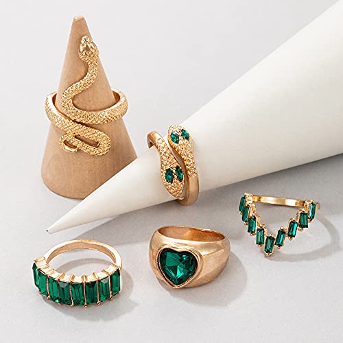 FUTIMELY Green Crystal Snake Rings for Women Teen Girls,Boho Retro Stackable Knuckle Joint Finger Rings Sets,Simple Midi Rings Gold Plated Statement Stacking Rings Pack (5pc)