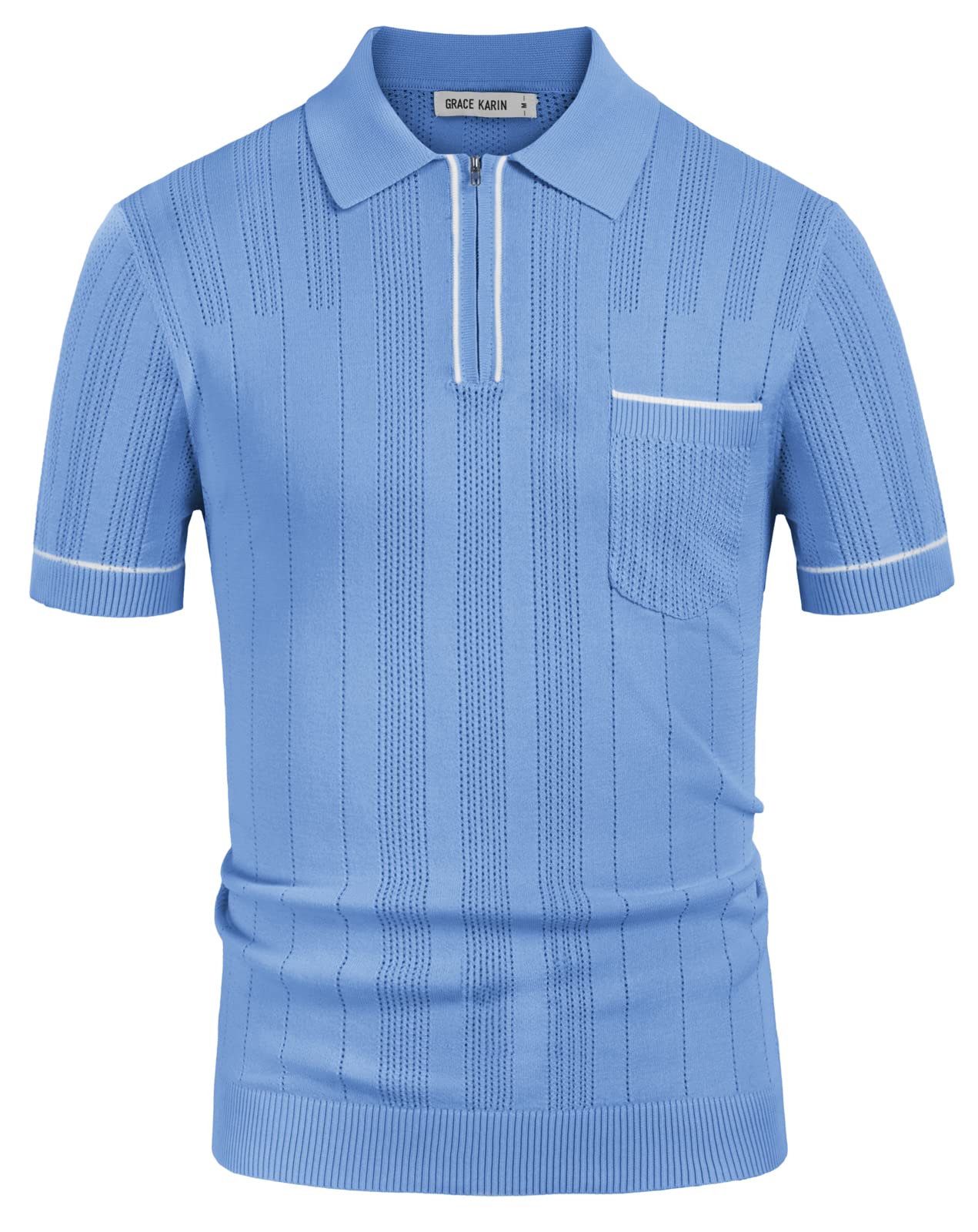 GRACE KARIN Mens Fashion Hollow Out Polo Shirts Lightweight Knitting Shirts Blue