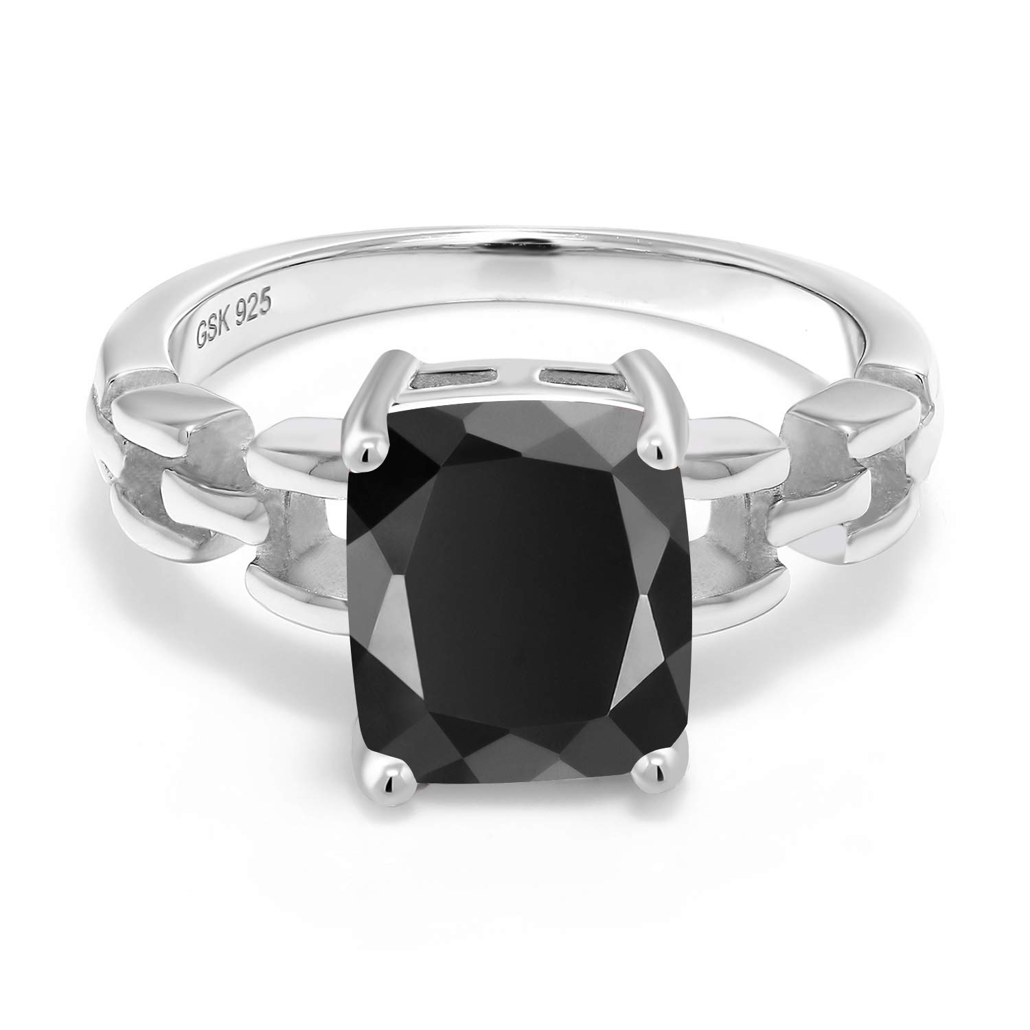 Gem Stone King 925 Sterling Silver Black Onyx Link Style Solitaire Engagement Ring For Women (2.73 Cttw, Cushion Cut 10X8MM, Gemstone Birthstone, Available in size 5, 6, 7, 8, 9)