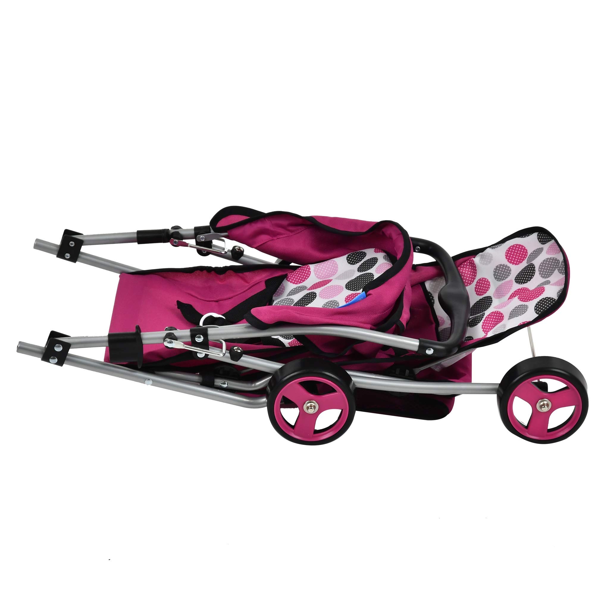 Hauck Pink Dot Doll Twin Stroller, Retractable Canopy, Easy to Fold for Storage and/or Travel, Fits Dolls up to 18"