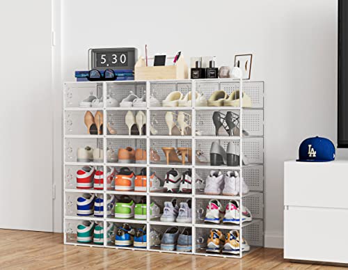 HOMIDEC 12 Pack Shoe Storage Box, Clear Plastic Stackable Sneaker Box, Shoe Organizer for Closet Under Bed Entryway(White)