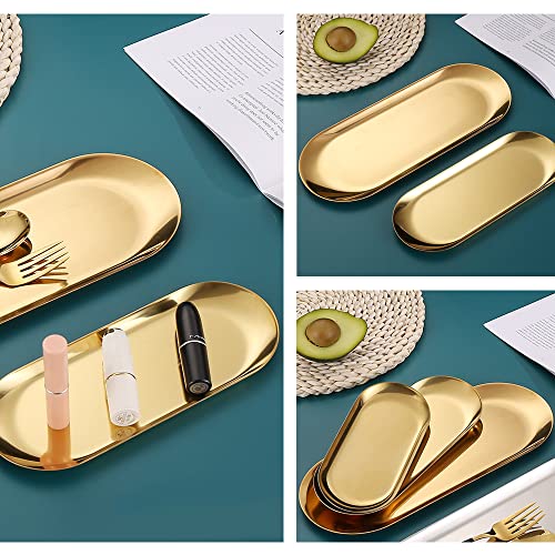 JKanruh 4 Pack Gold Stainless Steel Towel Tray,Storage Tray,Tea Tray Fruit Trays,Decorative Tray,Jewelry Dish Cosmetics Organizer(Oval,Heart-Shaped,Round)