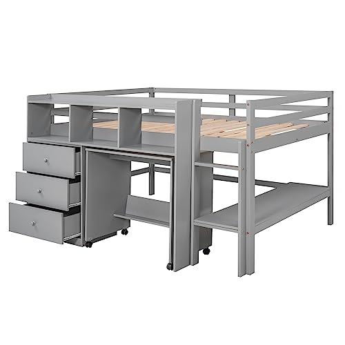 Wooden Full Size Bed Frame Full Size Low Loft Bed with Rolling Portable Desk, Drawers and Shelves, Gray