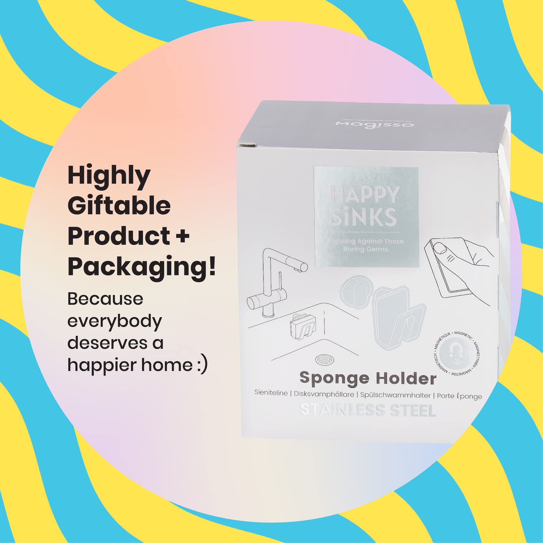 Happy Sinks Magnetic Sponge Holder for Kitchen Sink - Suitable for Steel - Metal - Composite Sinks - Strong Magnetic Backing - Durable and Sustainable Solution - Sink Caddy Sponge Holder - (Steel)
