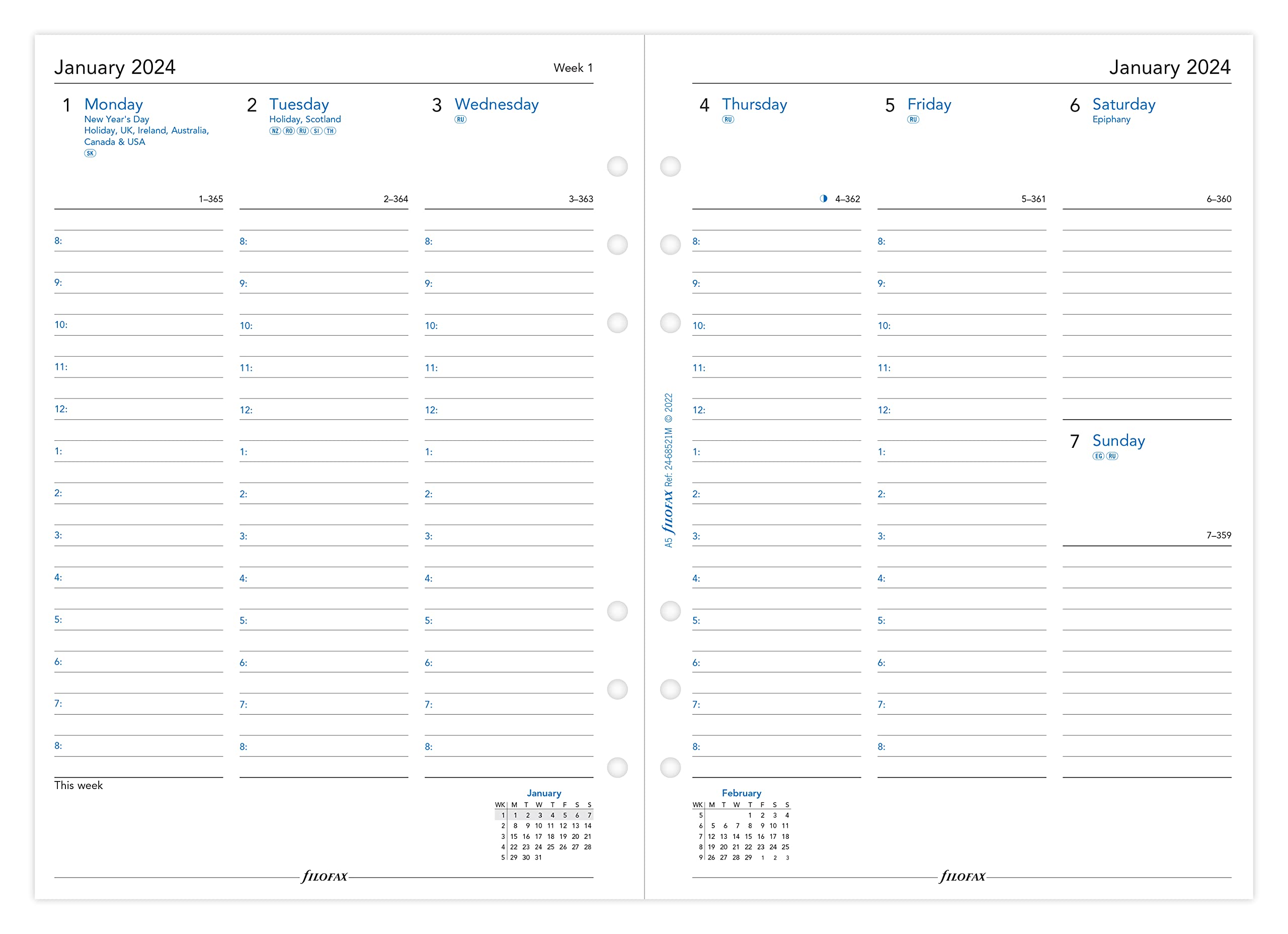 Filofax A5 Week on two pages column format English 2024 diary