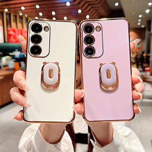 Samsung Galaxy S23 Case with Cute Bear Stand Ring Holder Full Camera Lens Protection Cover, Soft TPU Luxury Heart Plating Cases 360 Degree Rotate Kickstand Phone Case for Galaxy S23 6.1" 2023 (Pink)