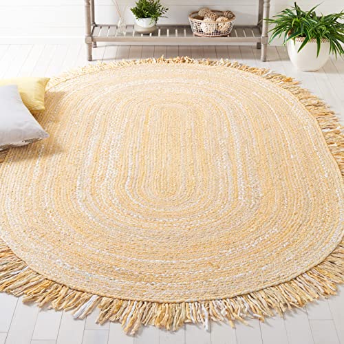 Safavieh Braided Collection Area Rug - 4' x 6' Oval, Beige, Handmade Boho Fringe Reversible Cotton, Ideal for High Traffic Areas in Living Room, Bedroom (BRD451B)