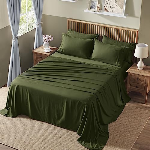 Homiest Extra Deep Pocket Queen Size Sheets Set, 6 Pieces Soft Olive Green Sheets 18-24 Inch Deep Pocket Bed Sheets, Hotel Luxury 1800 Thread Count Microfiber Bed Set Fits Ultra Deep Mattress