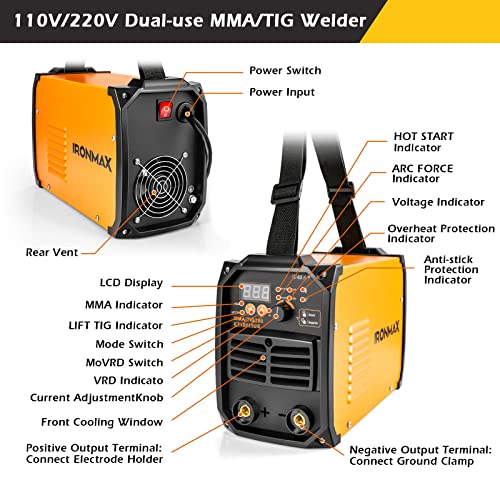 Happytools 200A MMA/TIG Welding Machine, 2 in 1 Portable Inverter ARC Welder with Adjustable Strap and Face Shield, 110/220V Stick Welder Welding Stainless Steel Iron Carbon Steel Metal