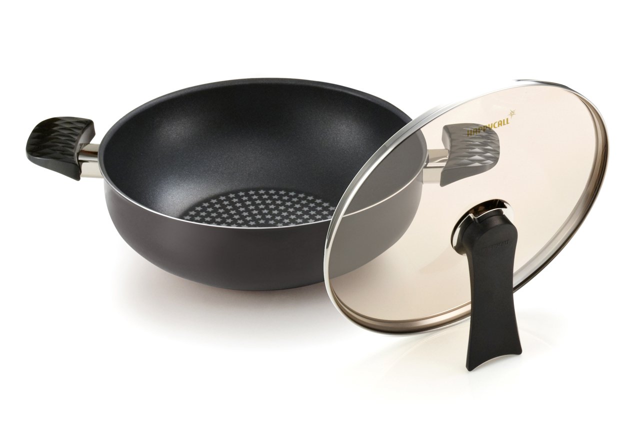 Happycall 5 Layer Diamond Nonstick Party Wok, 13inch, Stir Fry Pan, Jumbo Size, Double Handle Wok, Deep Frying, With Glass Lid