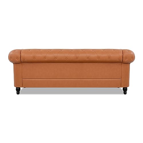 Naomi Home Emery Chesterfield Sofa with Rolled Arms, Tufted Cushions / 3 Seater Sectional Sofa Couch for Small Spaces, Living Room, Bedroom, Apartment, Easy Tool-Free Assembly, Caramel, Air Leather