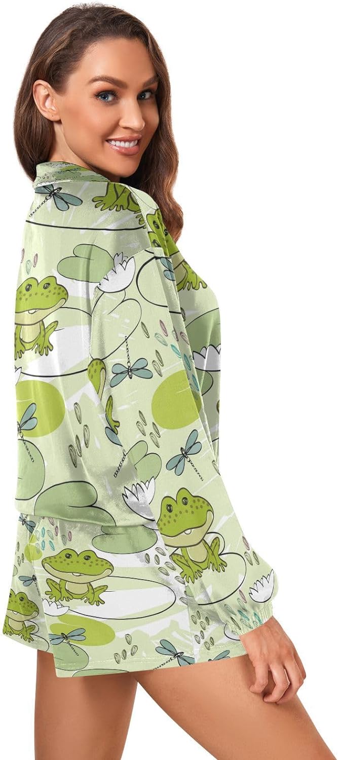 Kigai Cartoon Frogs Dragonflies Jogging Suits for Women Lounge Cozy Long Sleeve Half Zip Lapel Collar Sweatsuit Set,L