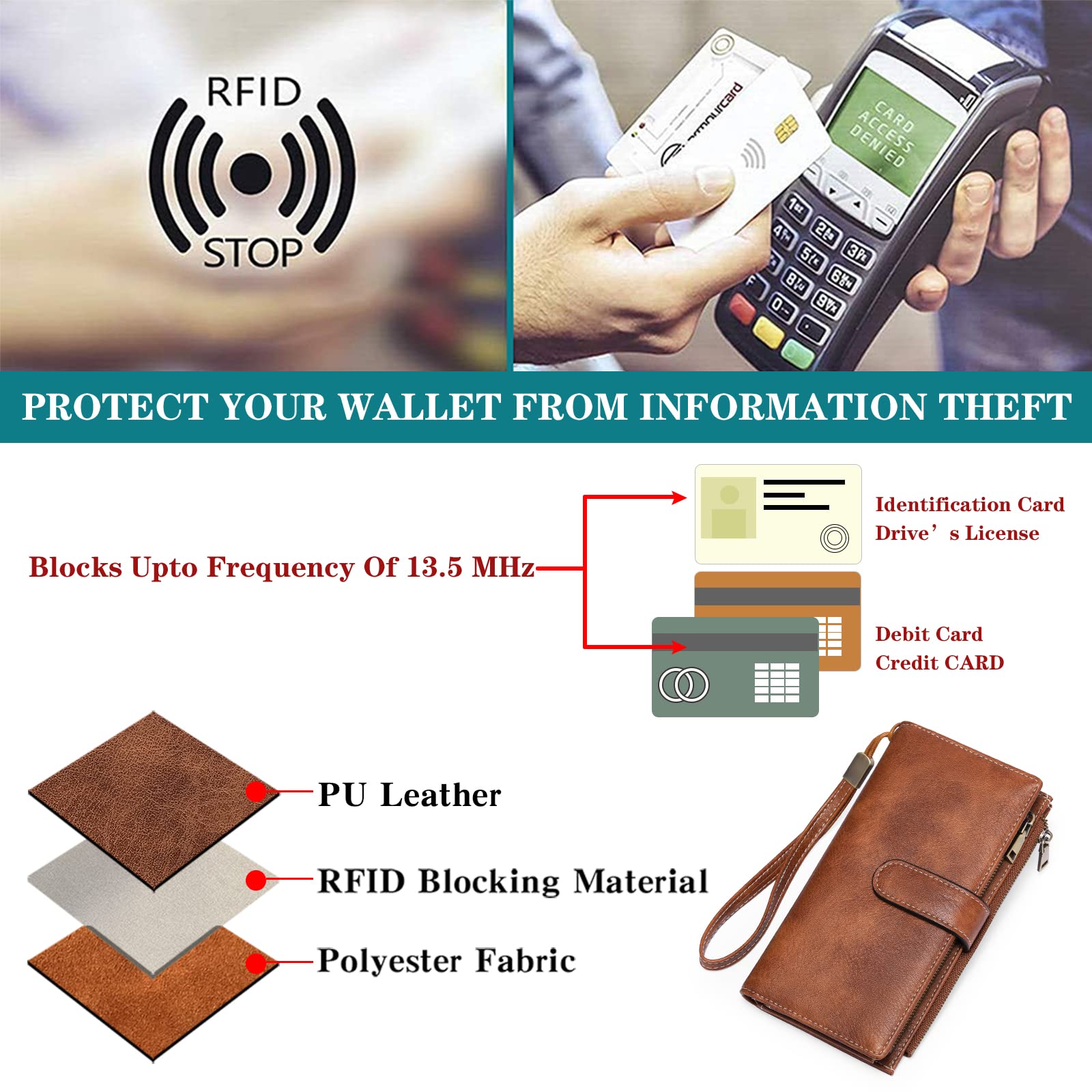 GOIACII Womens Wallets Large Capacity Credit Card Holder Rfid Wallet Women Double Zipper Pocket Leather Bifold Ladies Wristlet Clutch Wallet