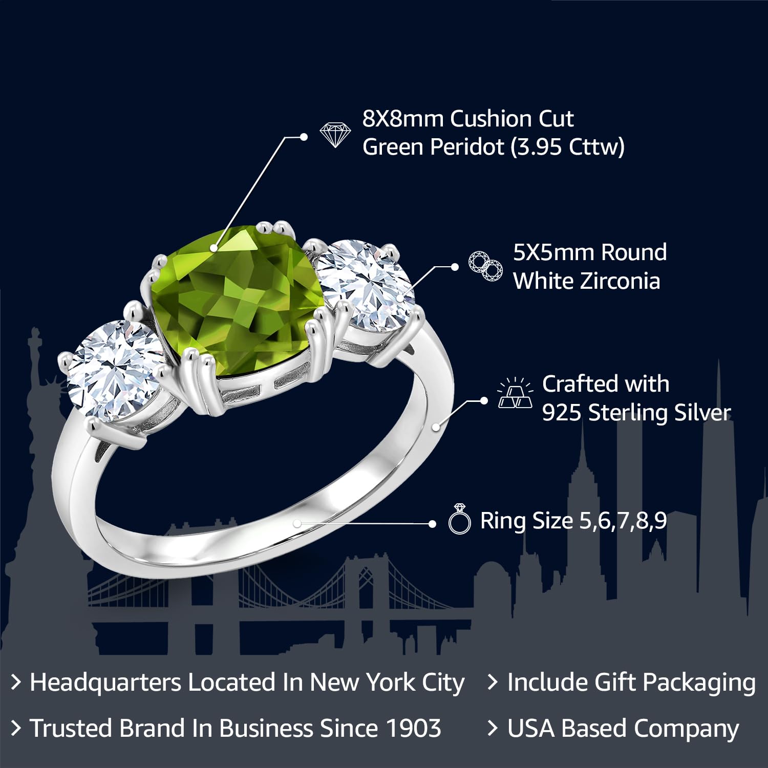 Gem Stone King 925 Sterling Silver Green Peridot and White Zirconia 3 Stone Engagement Ring For Women (3.95 Cttw, Gemstone August Birthstone, Cushion 8MM, Size 9)