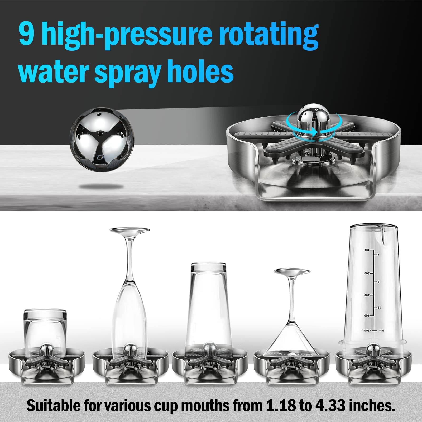 INKULEER latest design, Metal Glass rinser for kitchen sink, Glass rinser, Kitchen gadgets, Bottle washer, 18/8Stainless steel, Cup washer sink, The water column rotates 360°(Brushed)