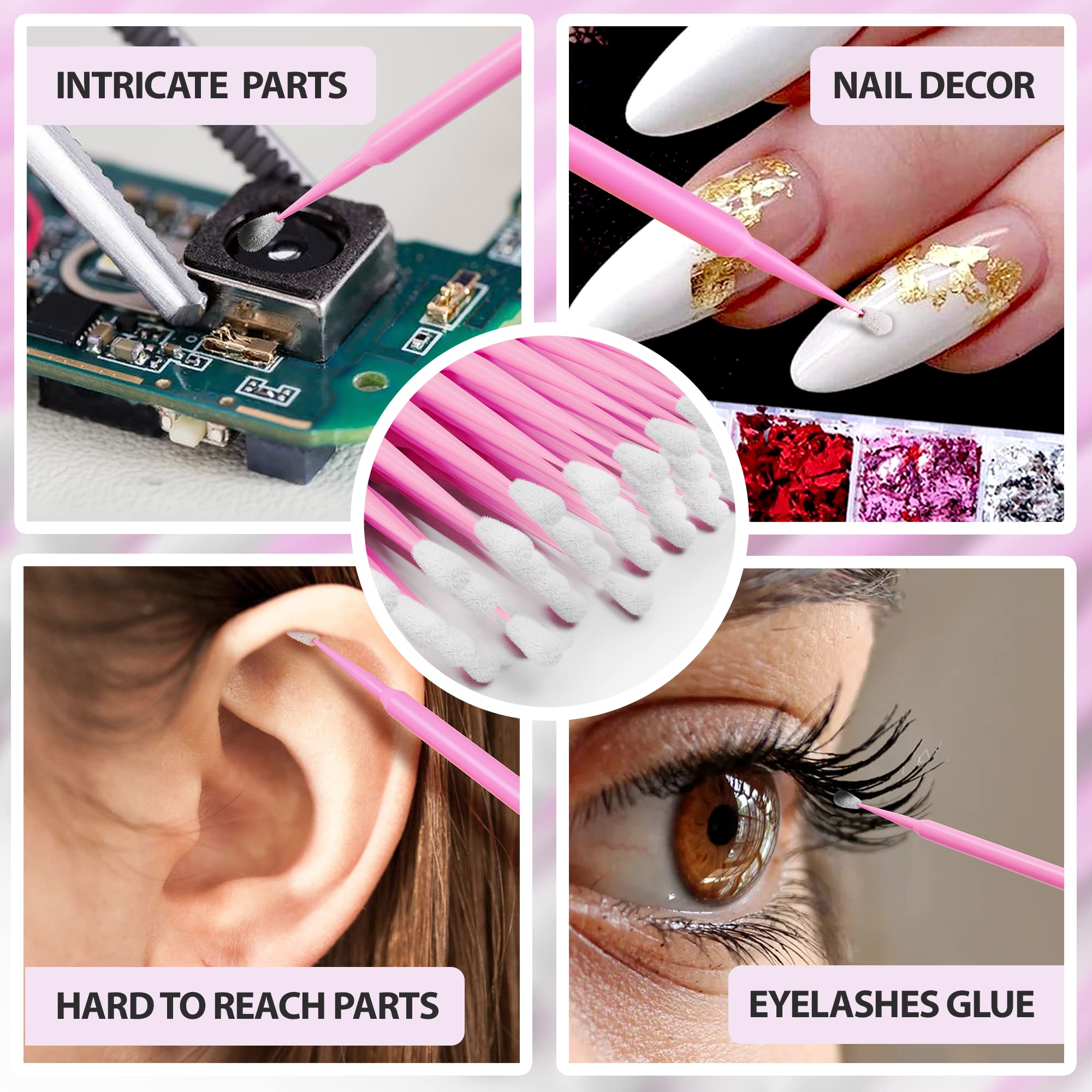 HGLOZ Microswabs for Eyelash Extensions Pack of 500 in Pink โ 2mm Soft Micro Applicator Brush with Microfiber Wands โ Suitable for Cleaning and Applying Make-up
