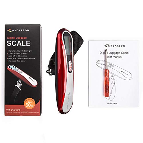 MYCARBON Luggage Scale Digital Hanging Baggage Scale, Portable Travel Weight Scale, Suitcase Weighing Scale with Backlit LCD Display, 110 Lb Capacity, Battery Included Red