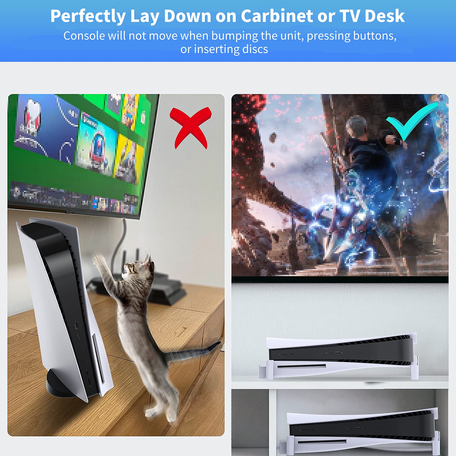 FASTSNAIL Horizontal Stand for PS5 Disc/Digital Edition, Console Lay Down Stand for PS5 with Adjustable Snap-in Bracket and Nonslip Rubber Feet, Gaming Accessories Kit Compatible with PlayStation 5