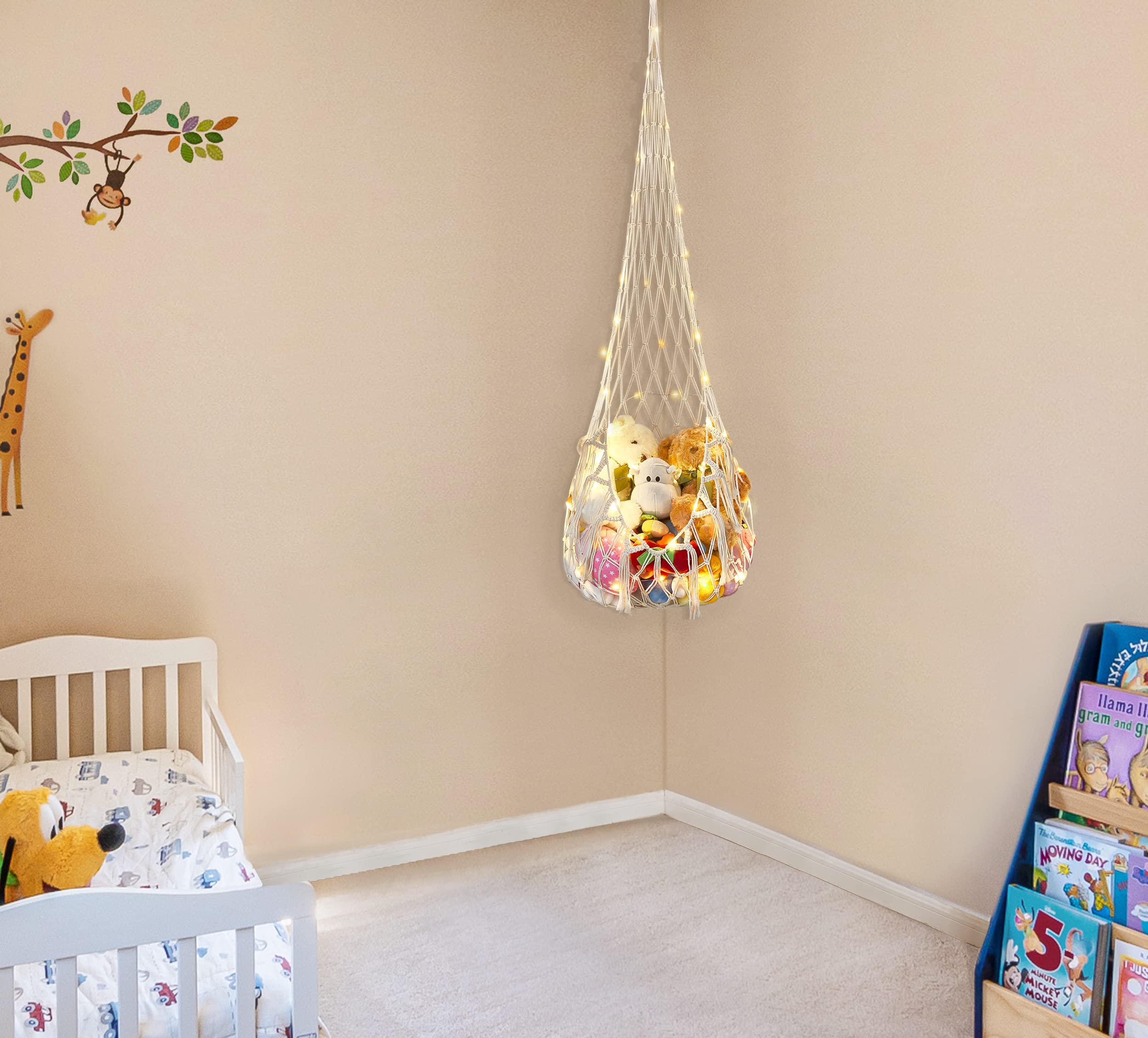 Mkono Stuffed Animal Net or Hammock Macrame One-Hook Hanging Toy Storage Holder for Stuffed Animals Boho Decor Plushies Display Organizer Wall and Ceiling Hanging Net for Nursery Kid Room Playroom