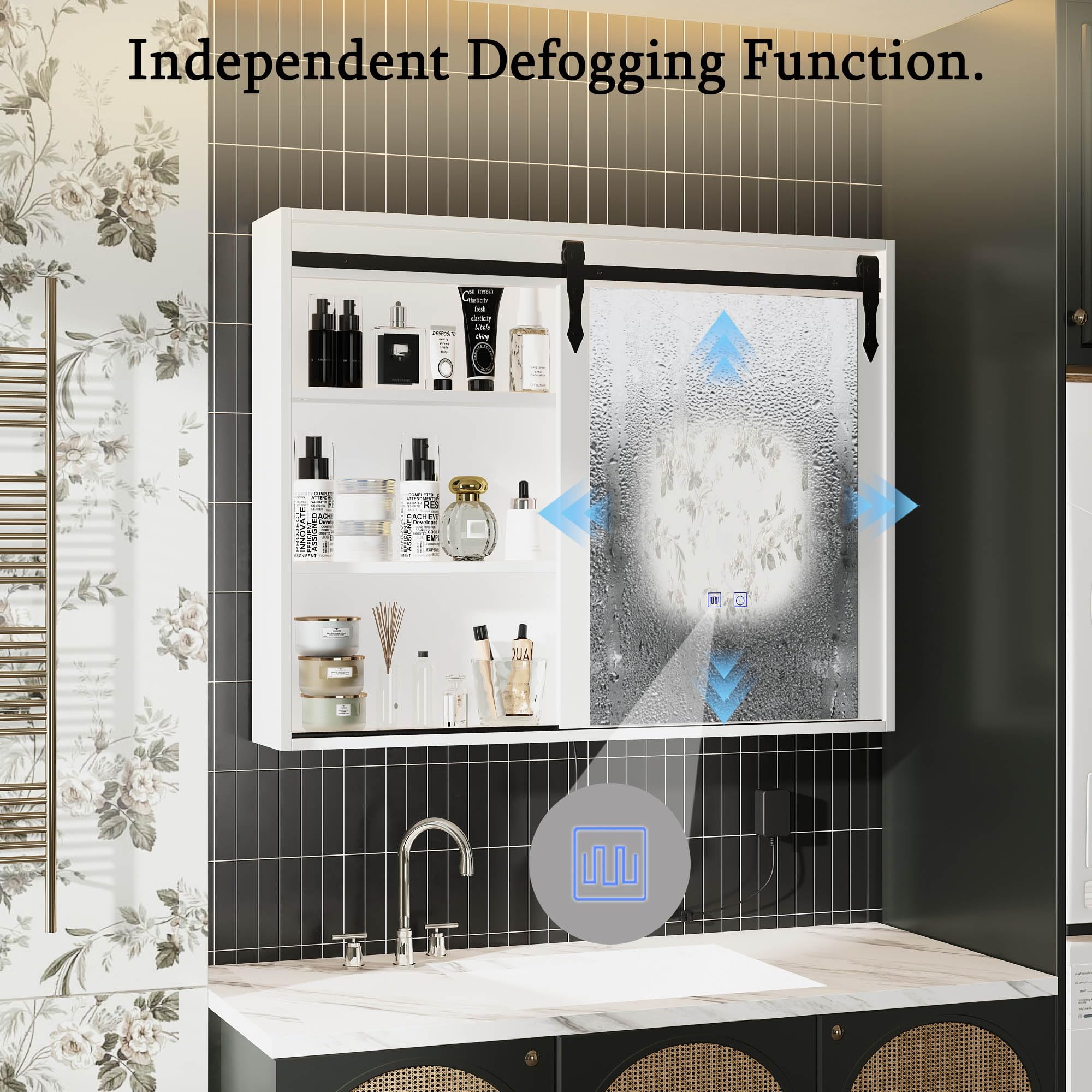 Lovinouse Medicine Cabinet for Bathroom with Mirror Sliding Door & LED Lights, Large Rectangle Wall Mounted Storage Cabinet w/Glass Doors, Shelves & Anti-Fog Function, 35.4 X 27.6 Inch, White