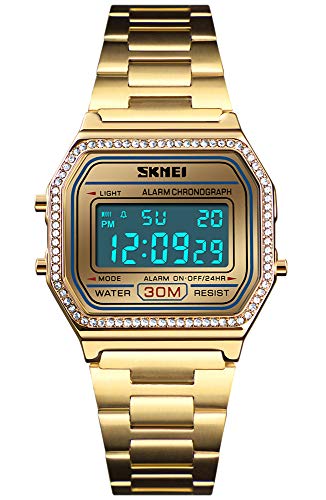 PASOY Men's Digital Gold Stainless Steel Watch Backlit Multifunction Stopwatch Waterproof Sport Watches (Gold with Crystal Bezel)