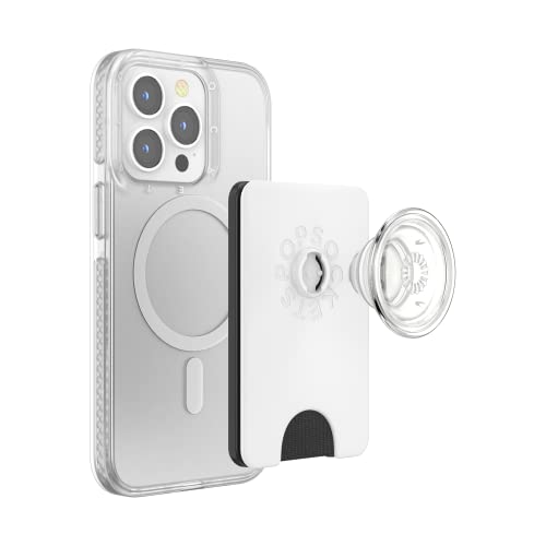 PopSockets Phone Wallet with Expanding Grip, Phone Card Holder, Wireless Charging Compatible, Wallet Compatible with MagSafe - White Clear