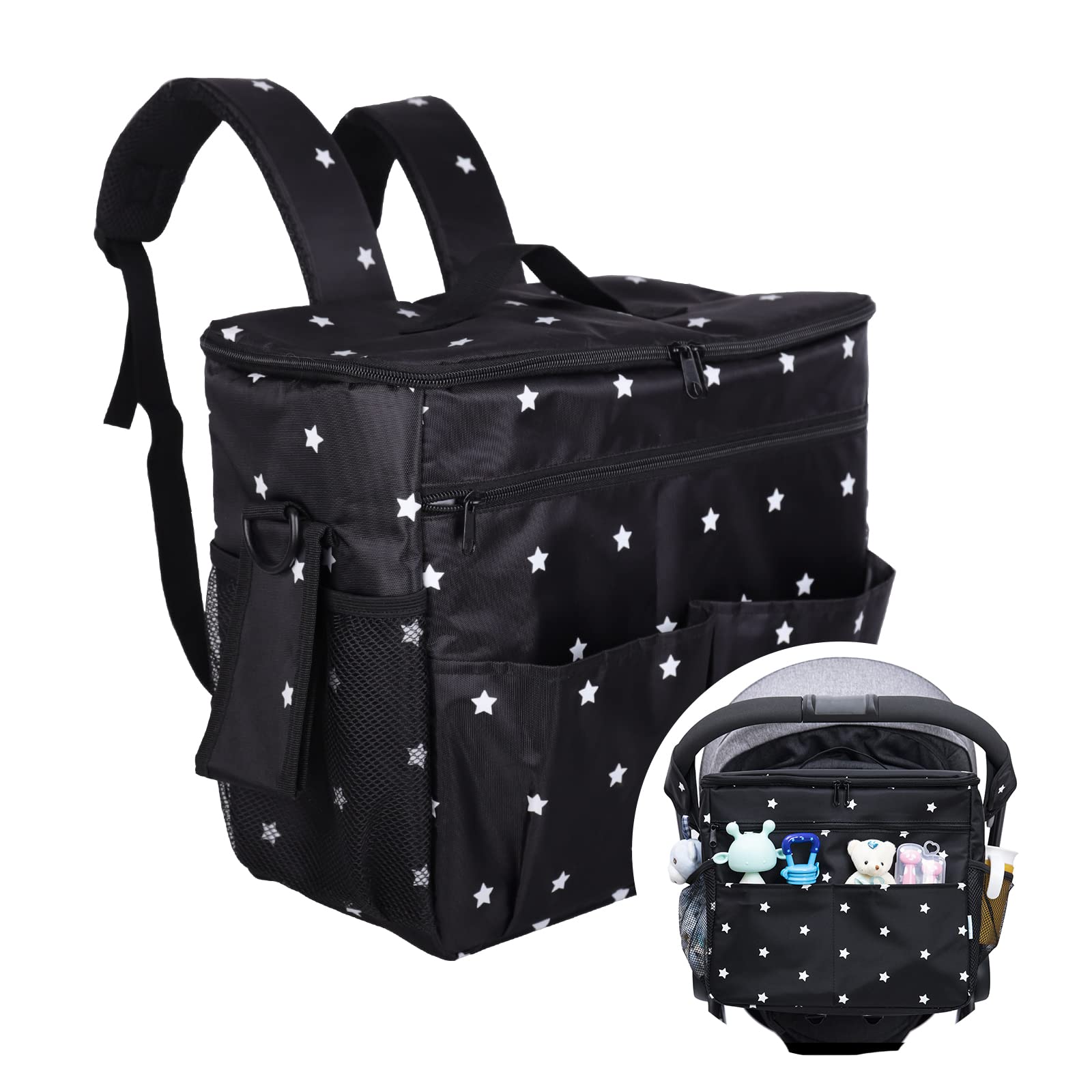 IvyWind XL Stroller Organizer, Universal Baby Diaper Bag, Insulated Caddy Organizer with Cup Holder Bags, Baby Stroller accessories,3 Ways to Carry-Backpack,Shoulder,Messenger Bag(Light Gray)