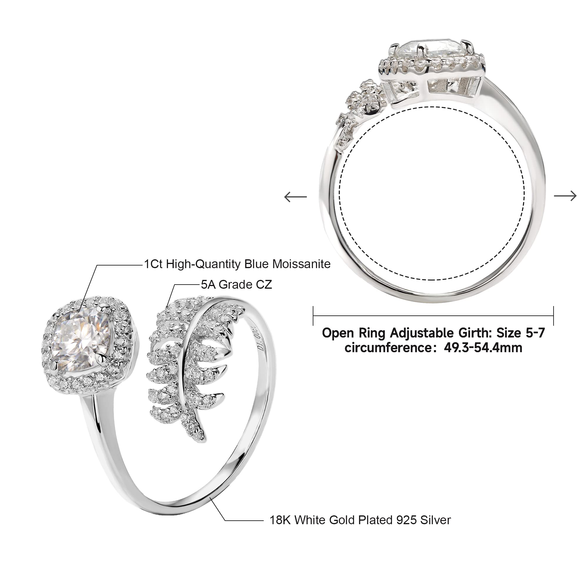 HOLYCOME Engagement Ring Moissanite Diamond Ring, Open Adjustable Simulated Diamond Silver Ring for Women,18K White Gold Plated Moissanite Ring for Engagement, Anniversary, Wedding